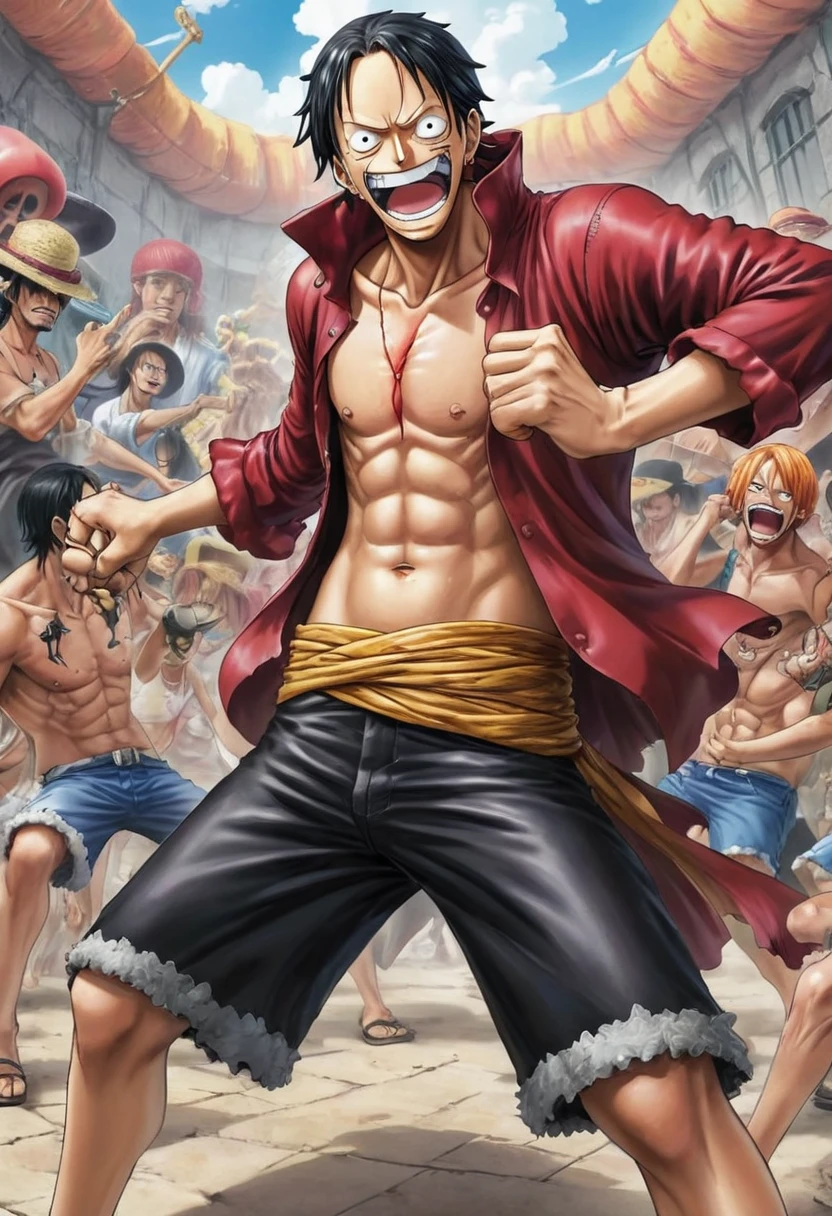 Recreate the vivid scenes from One Piece.1 male、 Expressing Shanks ...