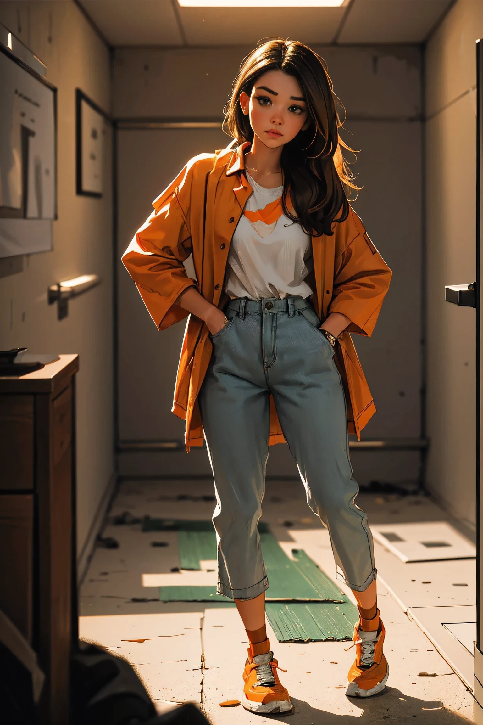 Araffe woman in a yellow jacket and blue jeans standing in a hallway - SeaArt AI