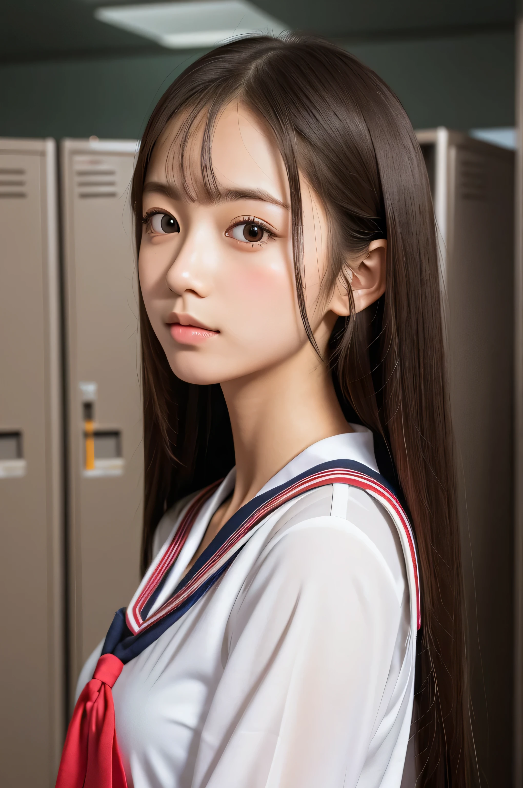 Arafed asian woman in uniform posing in front of lockers - SeaArt AI
