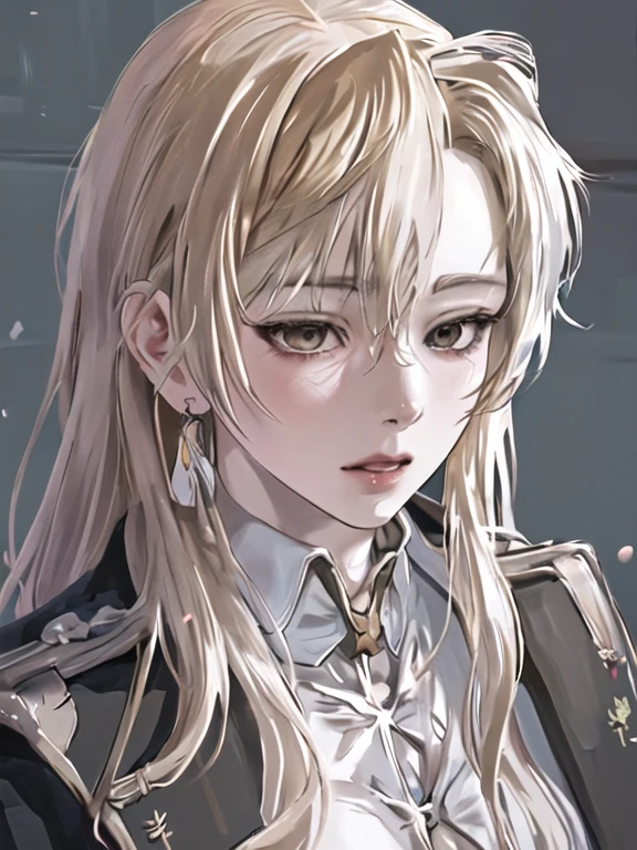 Anime girl with long, slightly wavy hair and a black jacket looking at ...