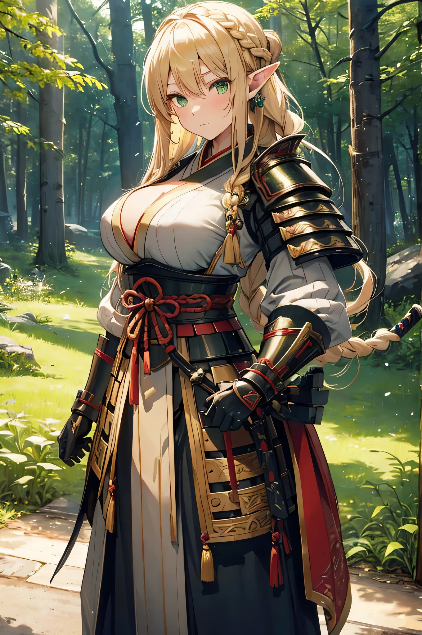 A woman in armor standing in a forest with a sword - SeaArt AI