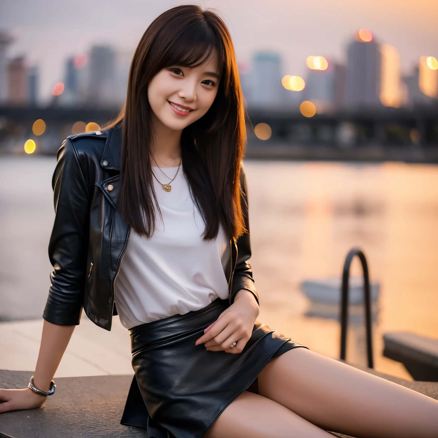 Arafed asian woman sitting on a ledge near a body of water - SeaArt AI