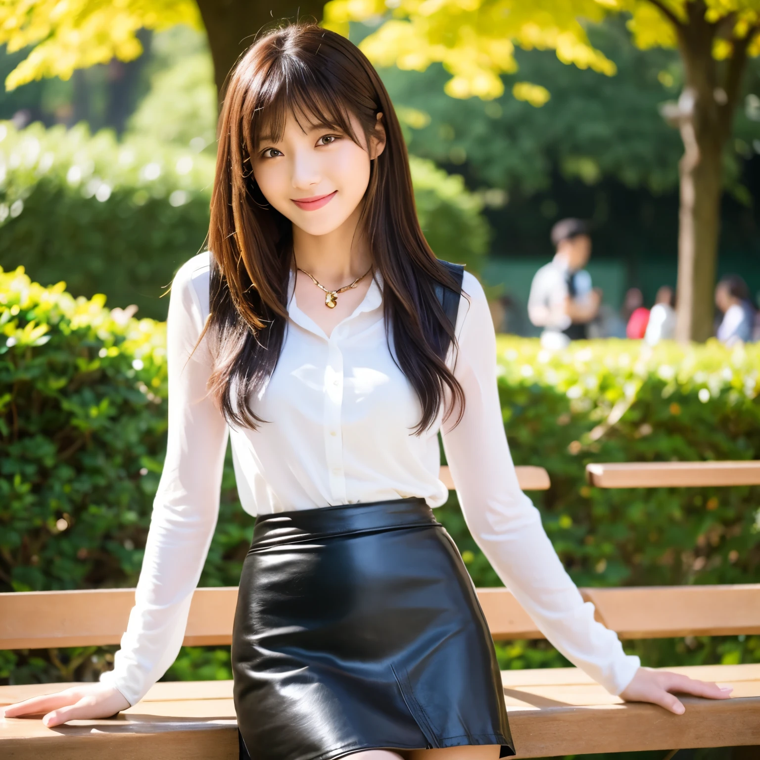 Araffe asian woman in a white shirt and black skirt sitting on a bench - SeaArt AI