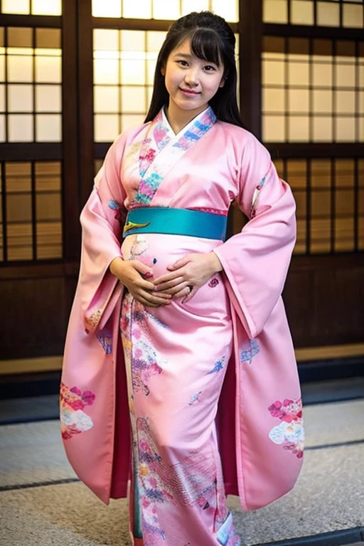 13 years old girl pregnant wearing kimono full body, touch her big ...