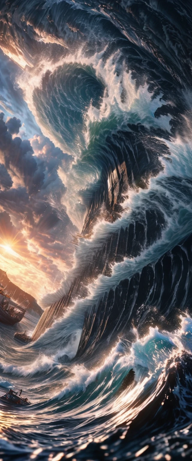 An enormous tsunami, boats trapped in the waves, epic, cinematic ...