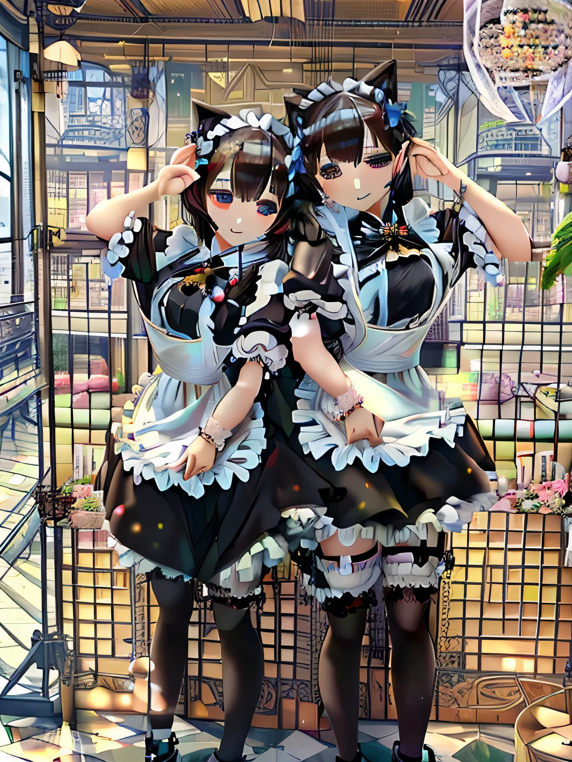 Two women in maid costumes posing for a picture in a cage - SeaArt AI