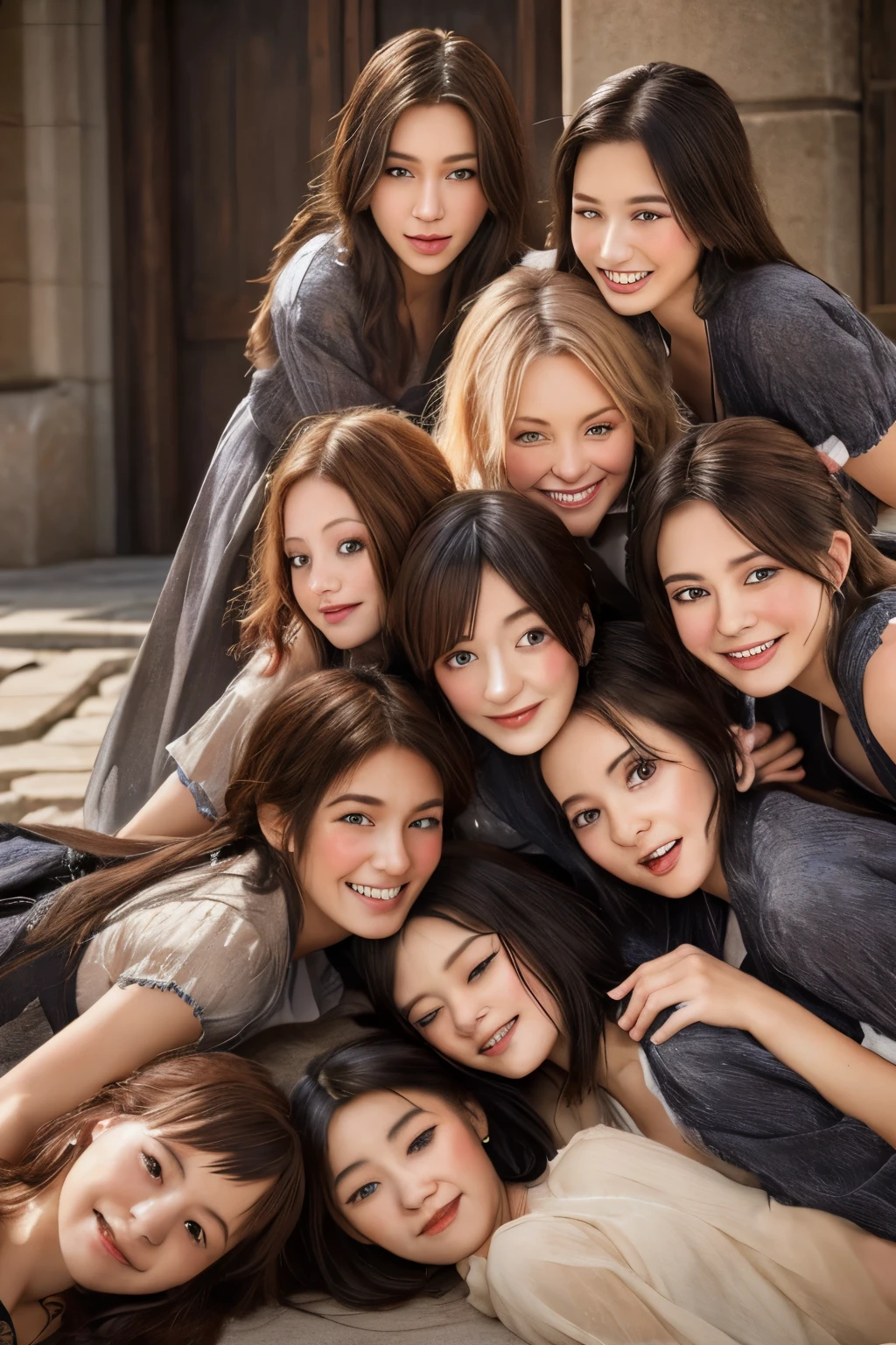 A group of young women laying on the ground together - SeaArt AI