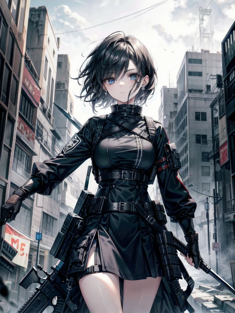 Whole body, gunman attire, (((Multiple weapons floating in the air ...