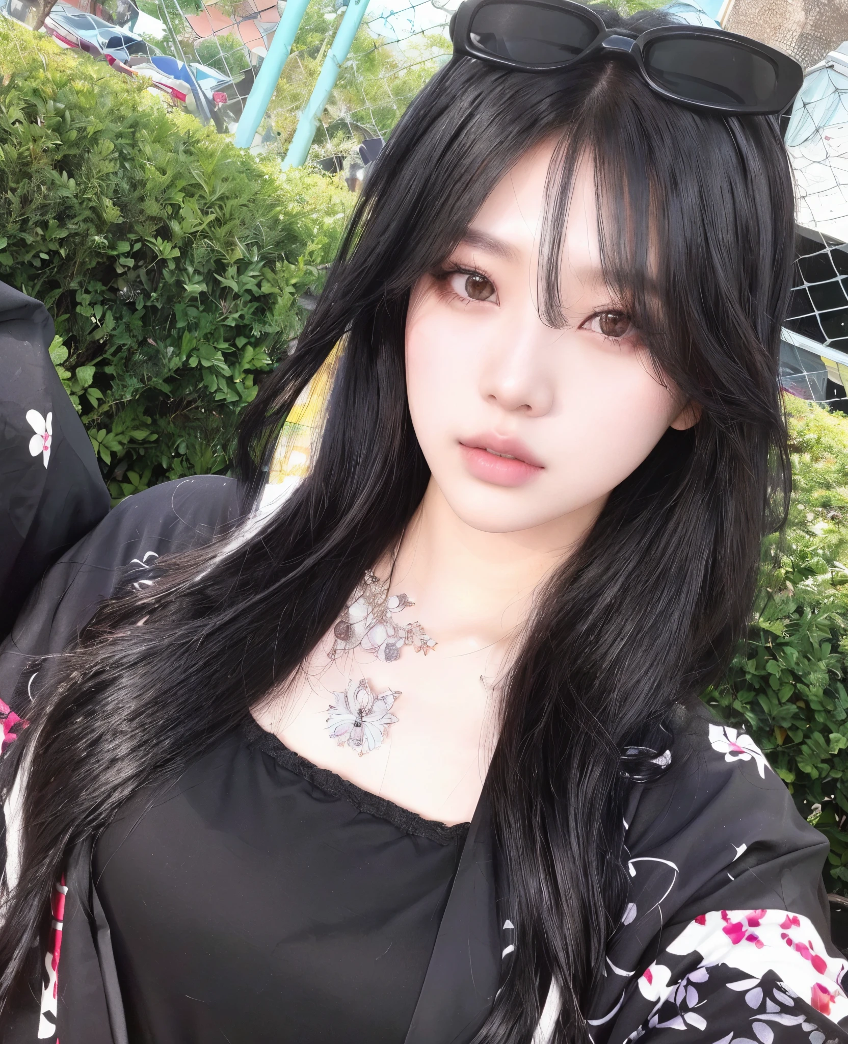 A close up of a woman with long black hair wearing sunglasses - SeaArt AI