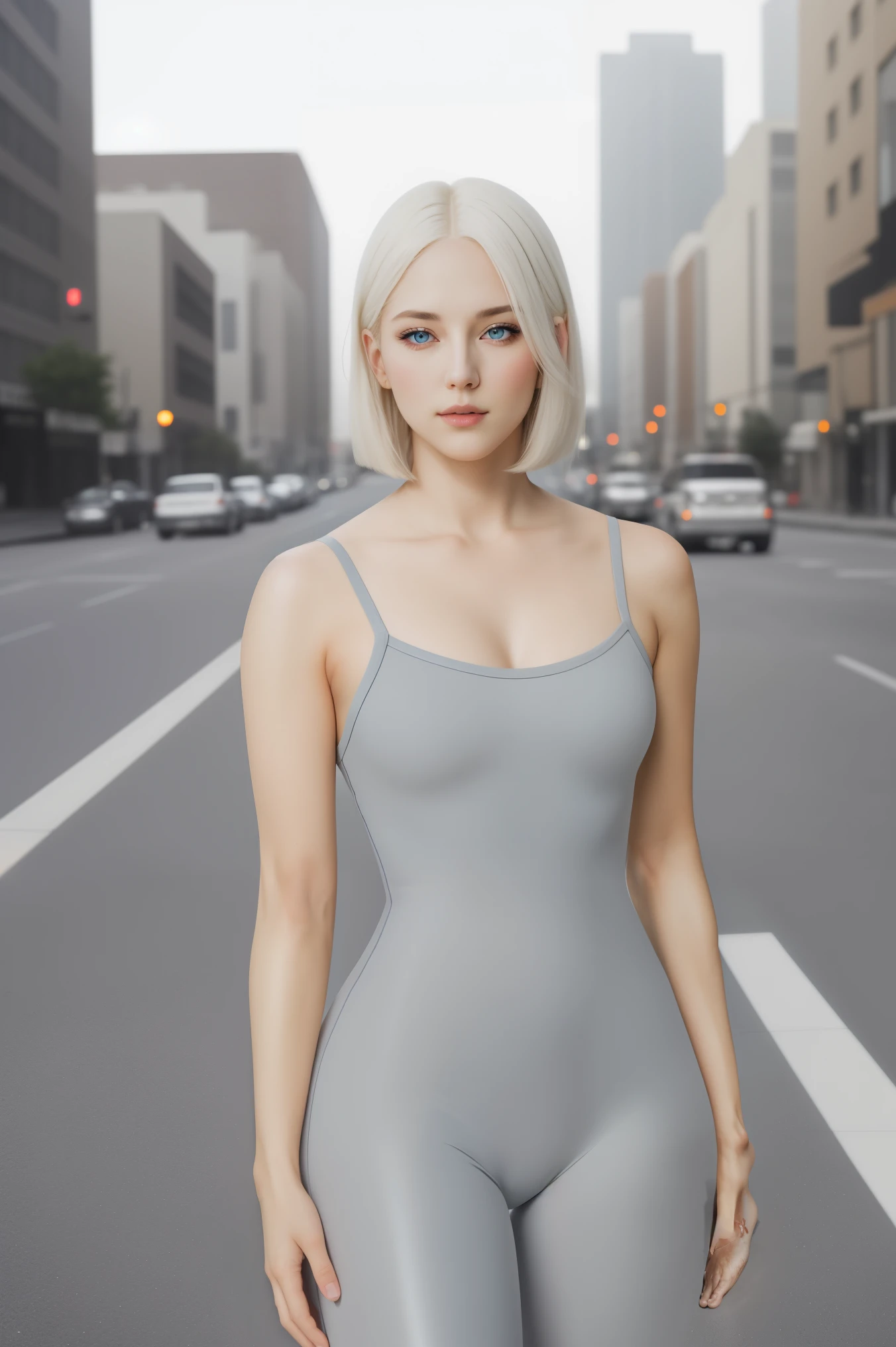 A woman in a bodysuit standing on a city street - SeaArt AI