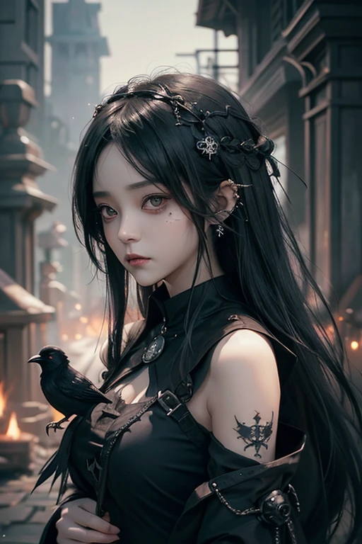 There is a woman with a bird on her shoulder, with long hair and ...