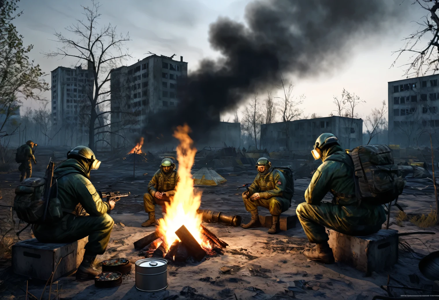 Soldiers sitting around a campfire in a ruined city - SeaArt AI