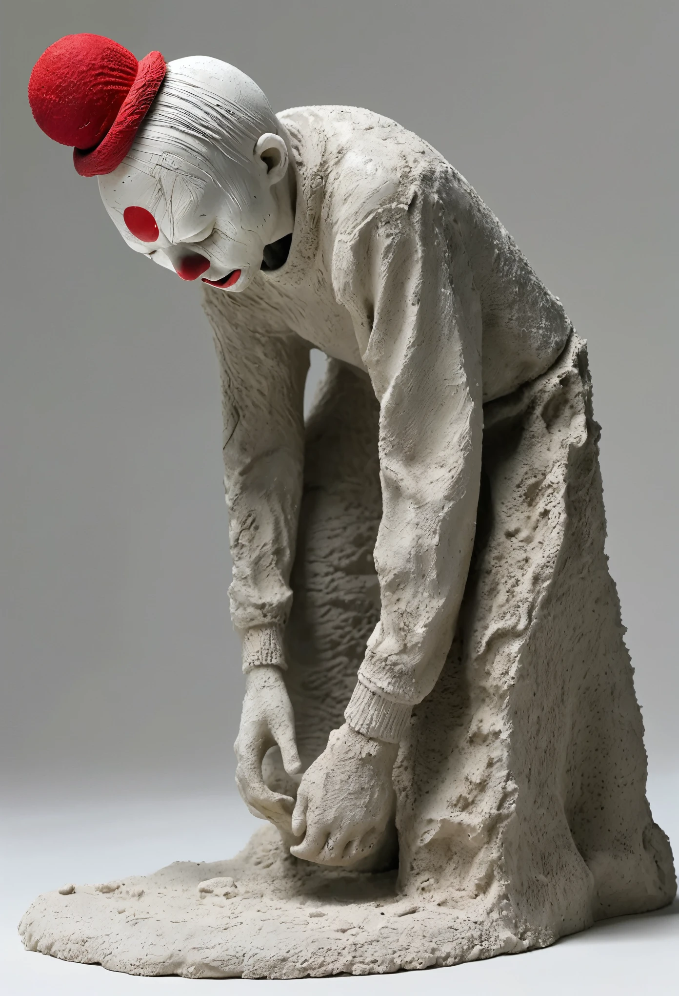 A close up of a clay sculpture of a clown with a red hat - SeaArt AI