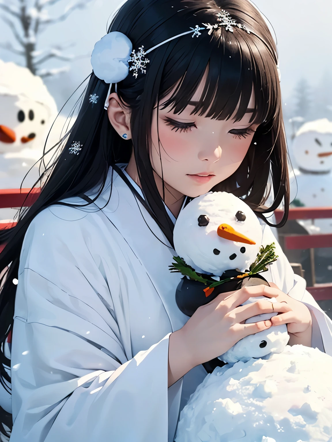 Anime girl with snowman in front of snowmen - SeaArt AI