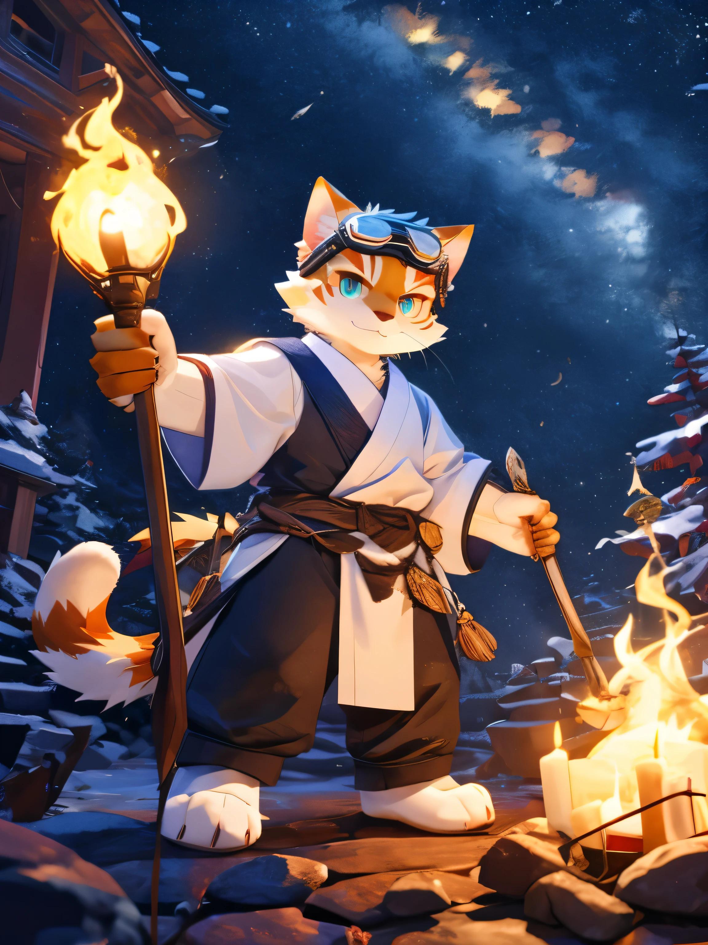 A close up of a cat holding a torch in front of a fire - SeaArt AI