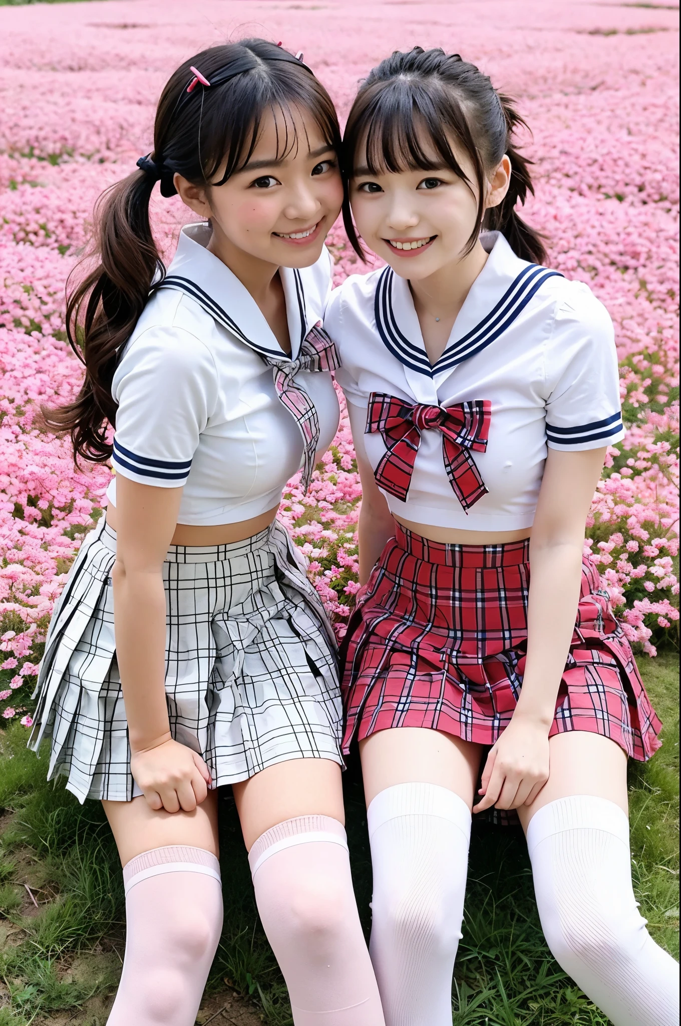 Two asian girls in school uniforms posing for a picture in a field of ...