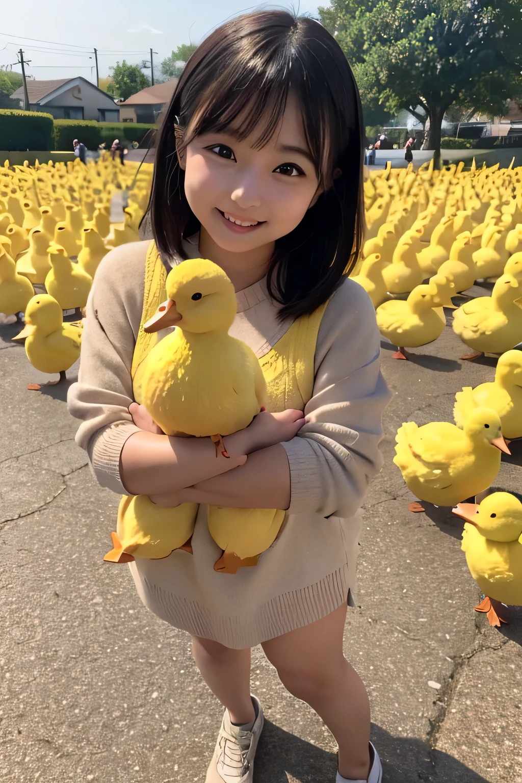 Arafed girl holding a yellow duck in front of a large group of ducks ...