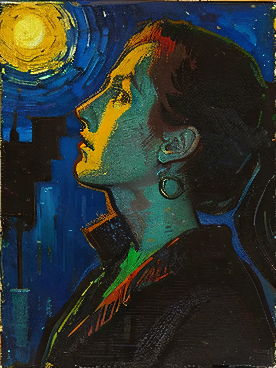 Painting of a woman looking up at the sky with a bright moon in the ...