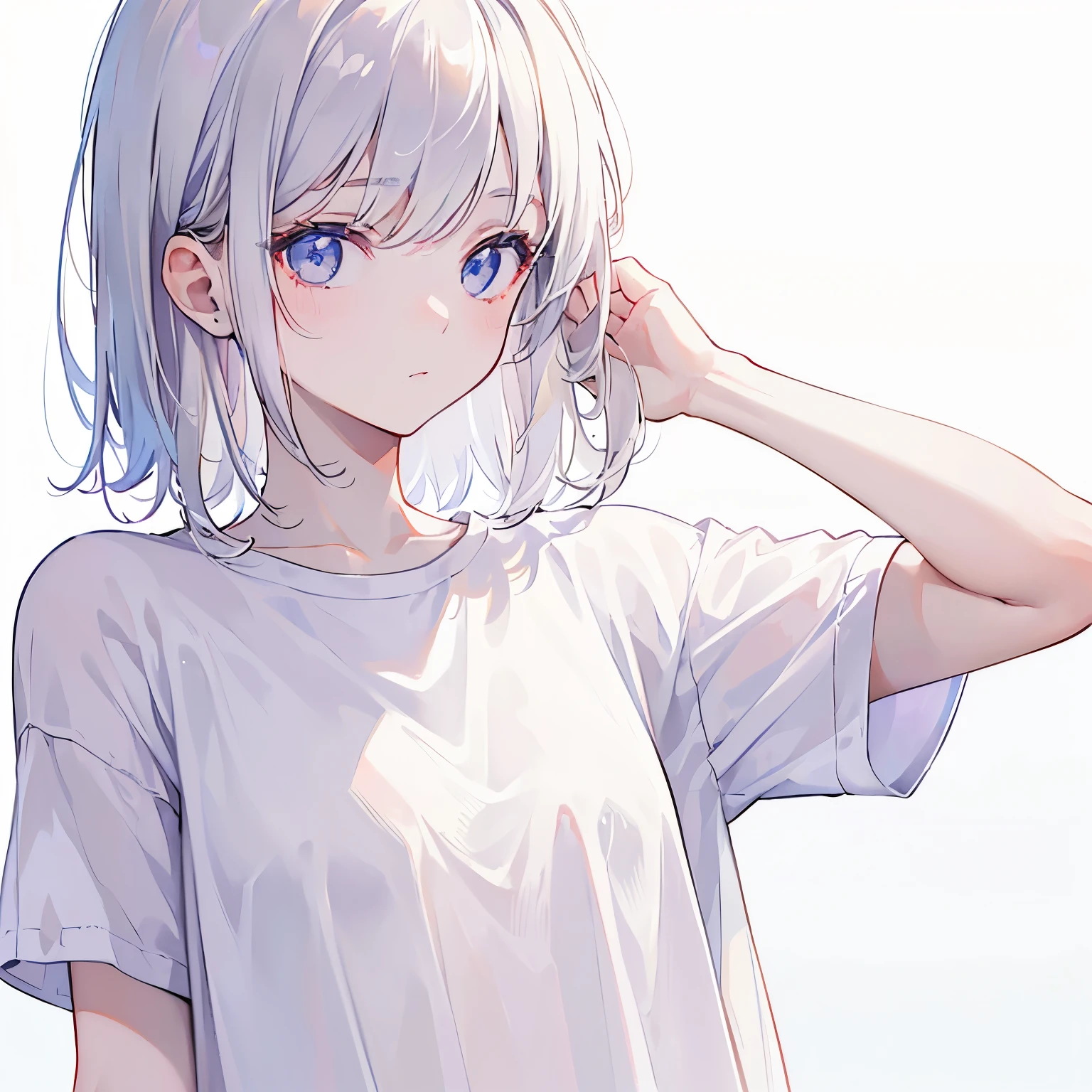 青い目をした白いシャツを着たアニメの女の子が耳に手を当てている - SeaArt AI