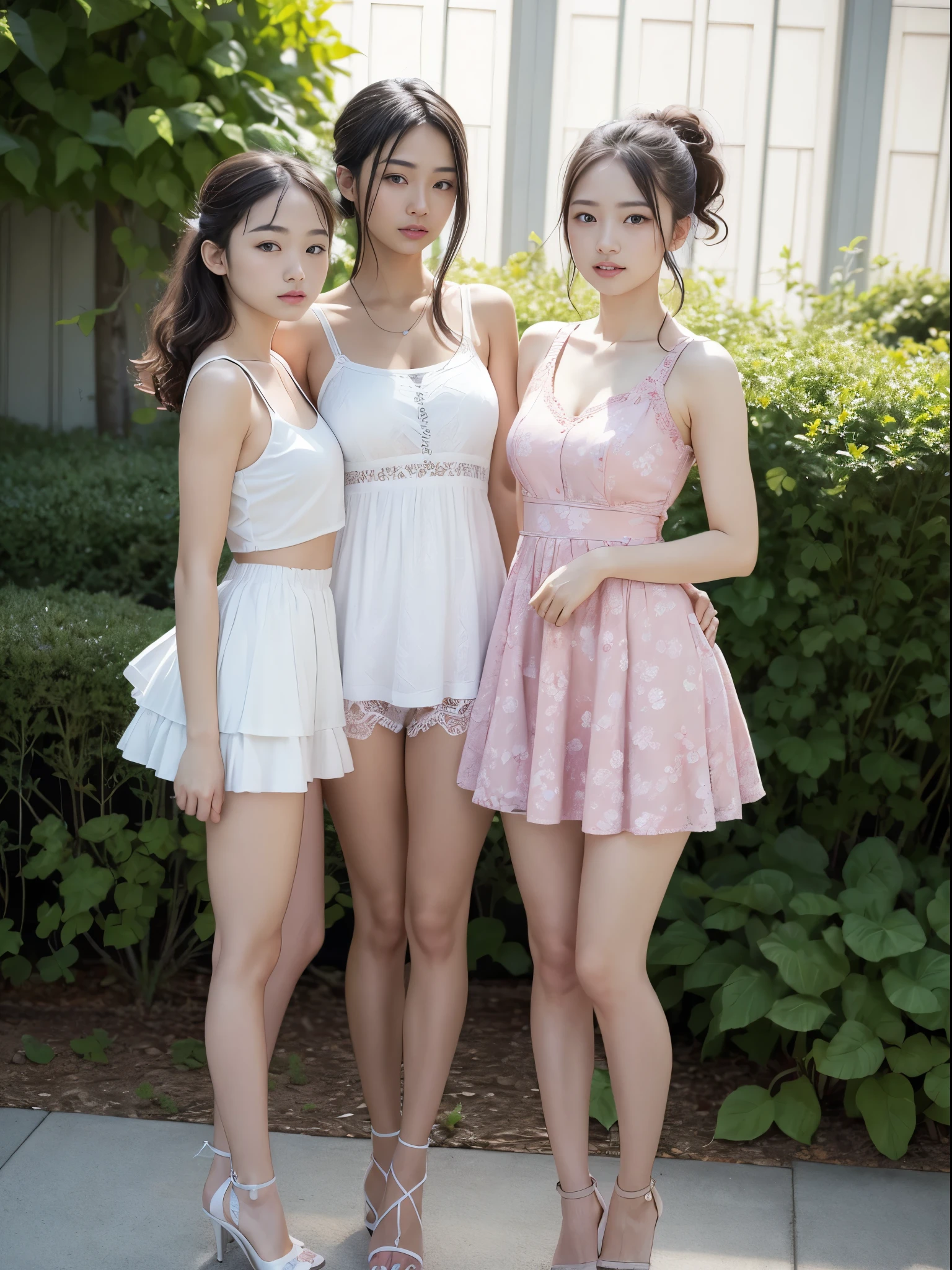 Three asian women in short dresses posing for a picture - SeaArt AI