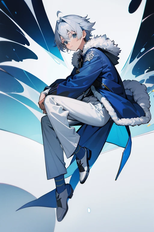 12 year old boy, silver hair, azure eyes, full body, azure goggles ...