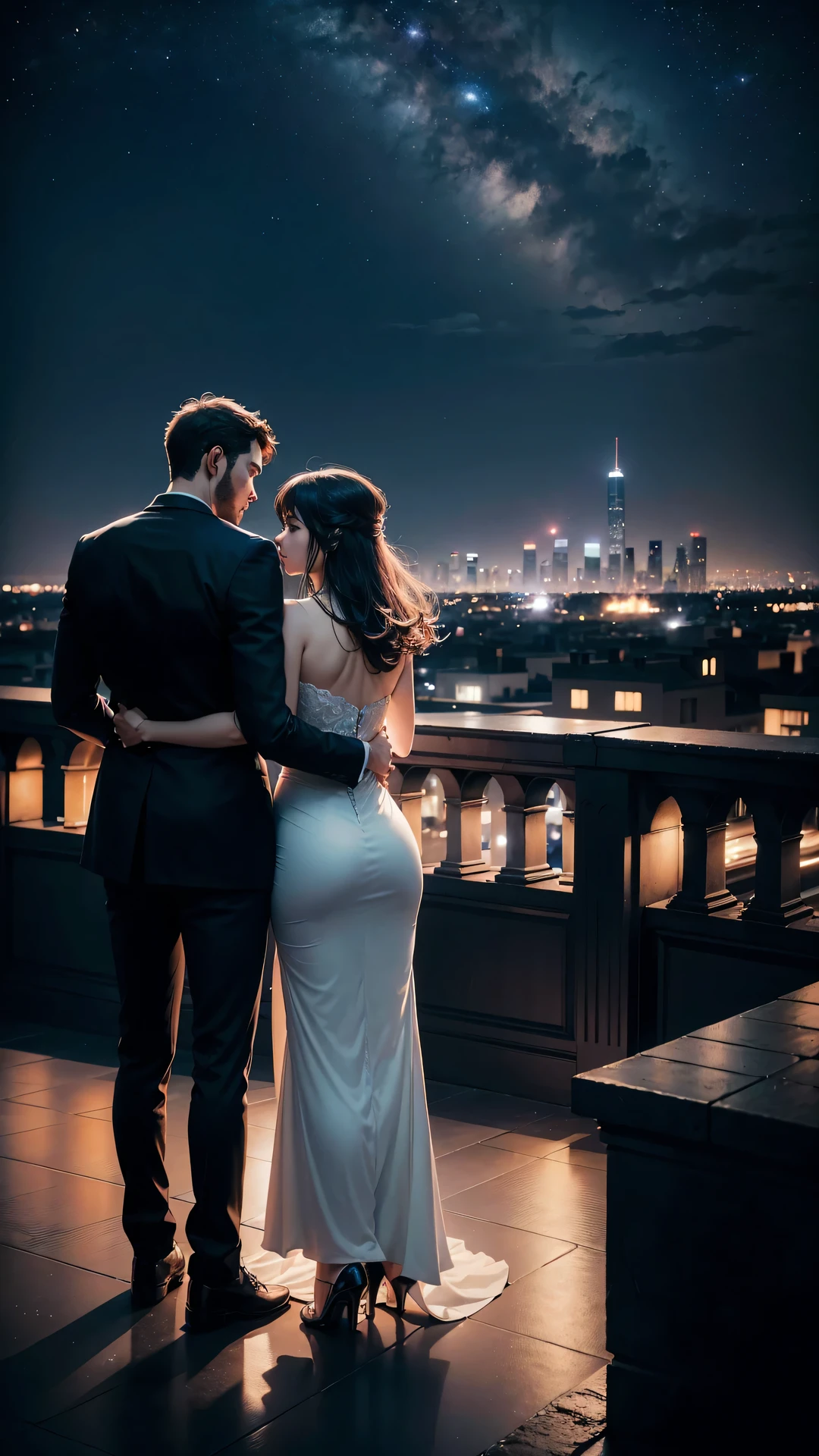 A couple standing on a roof looking at the city at night - SeaArt AI
