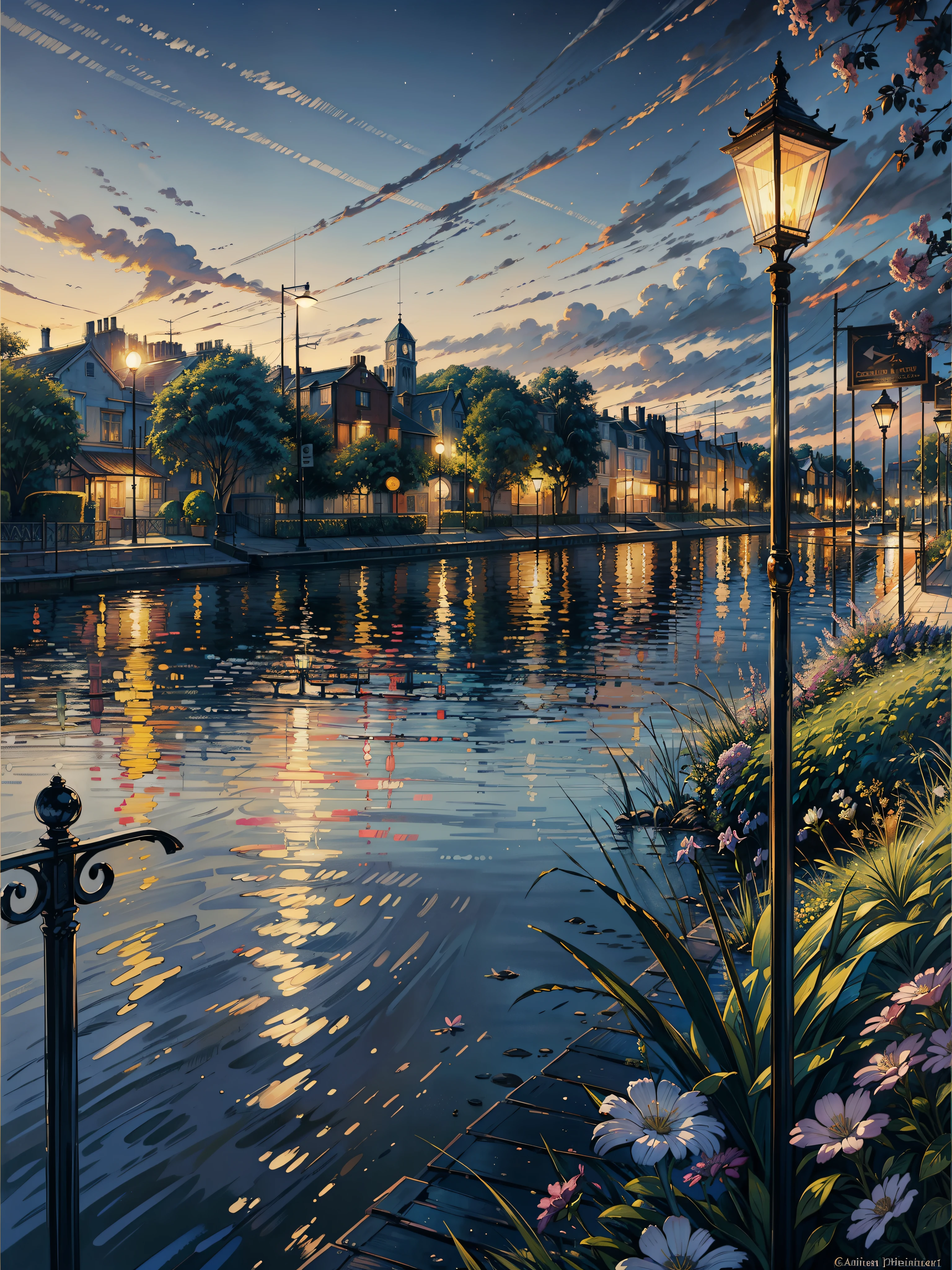 Painting of a street light next to a river with flowers - SeaArt AI