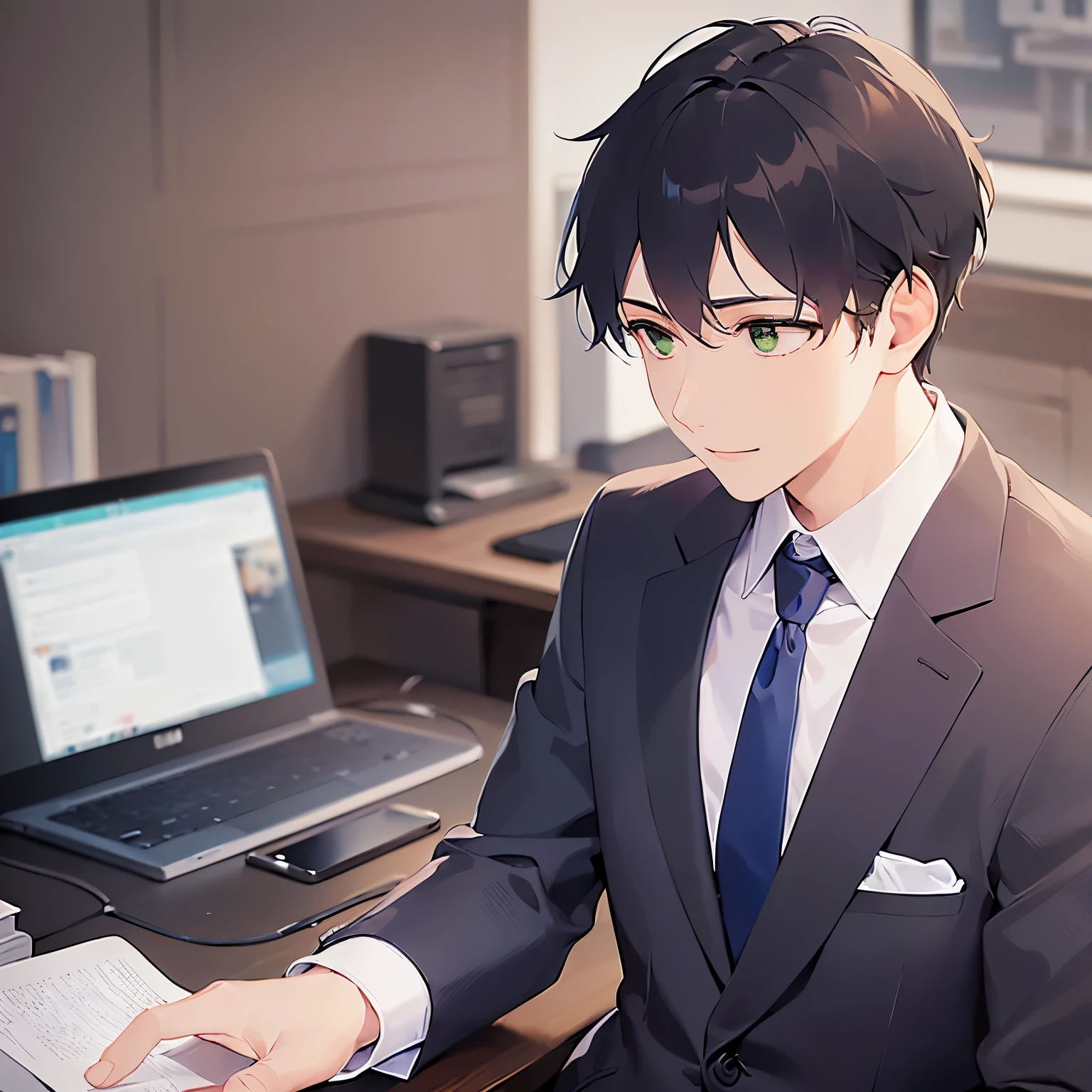 Anime man in suit sitting at desk with laptop and papers - SeaArt AI