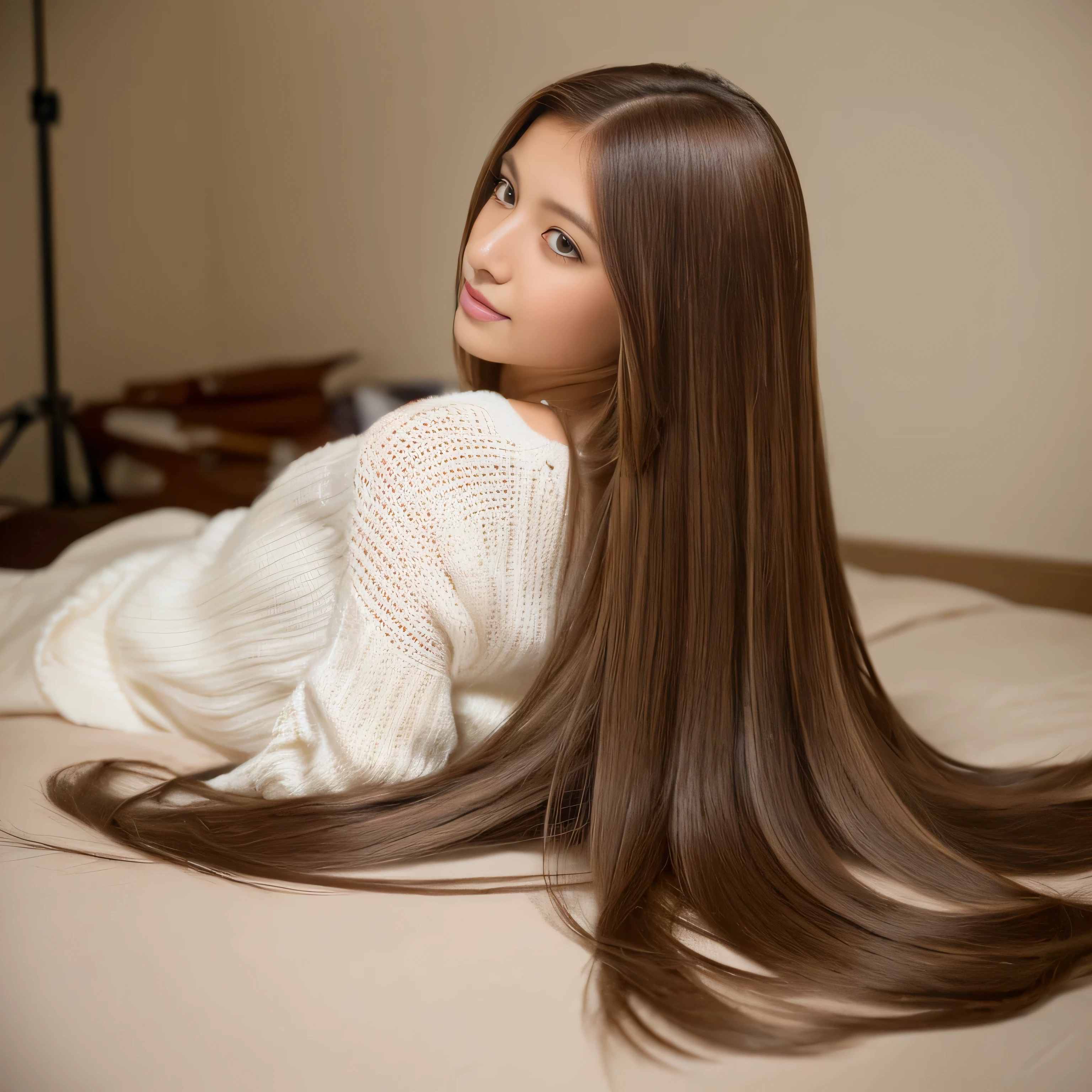 Arafed woman laying on a bed with long brown hair - SeaArt AI