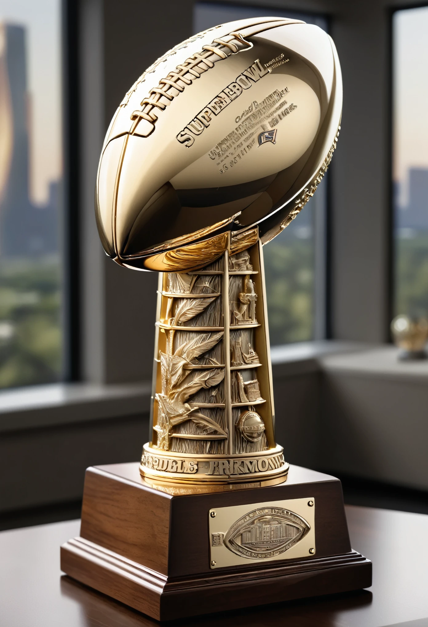 A close up of a trophy on a table with a window in the background ...