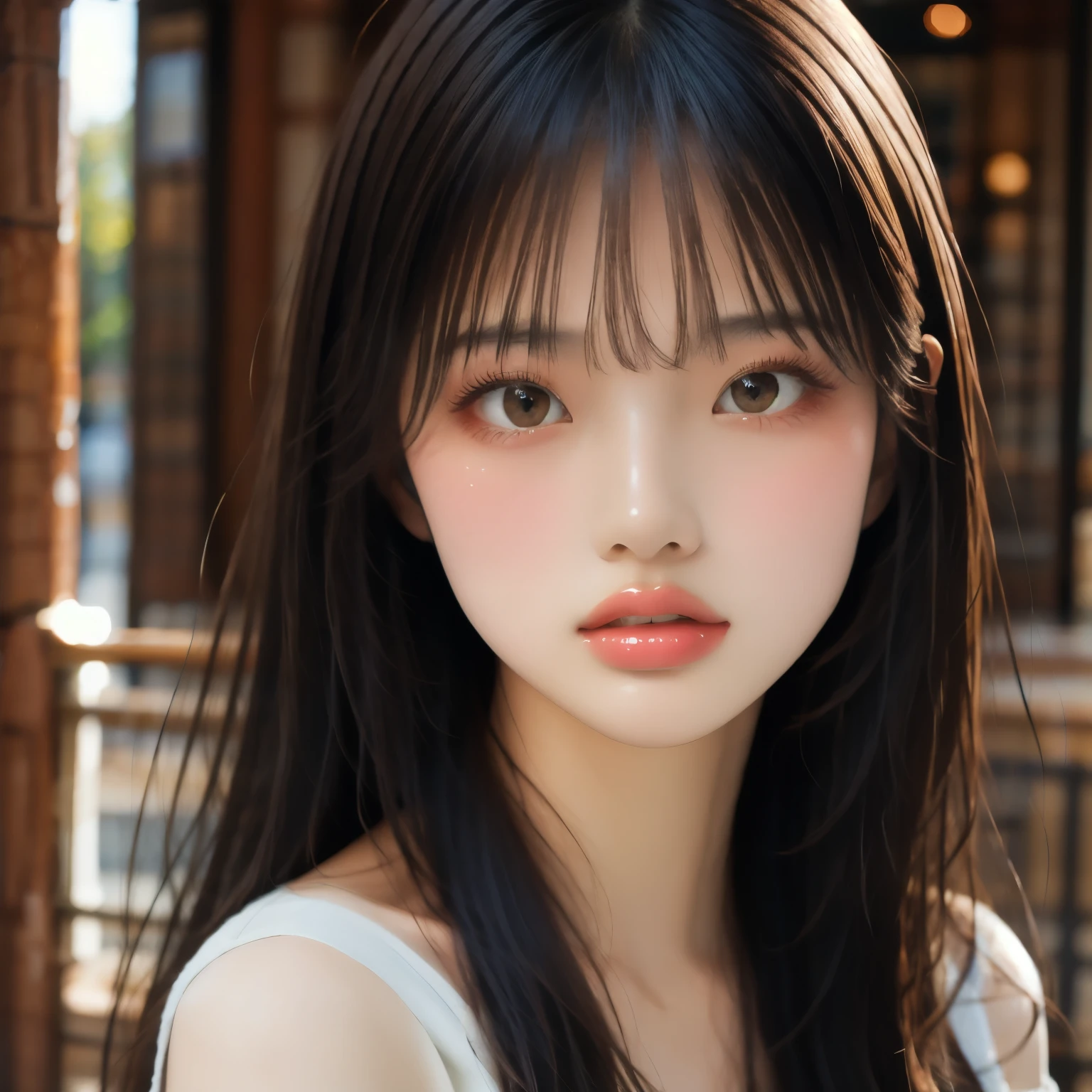 A close up of a woman with long hair and a white top - SeaArt AI