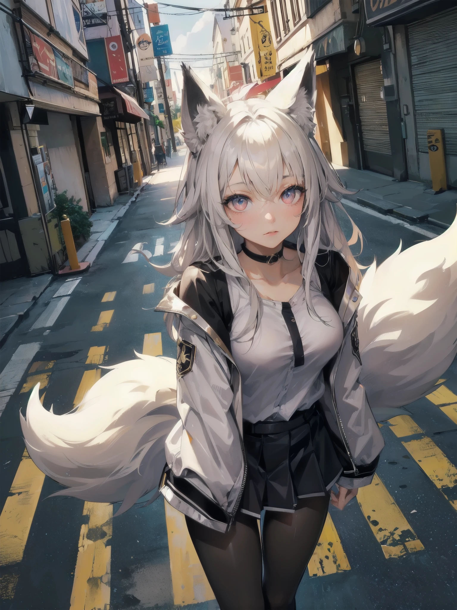 Anime girl with white hair and black shorts walking down a street ...