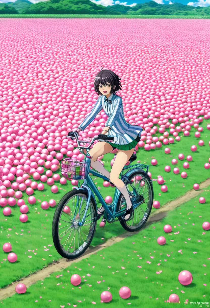 A woman riding a bike through a field of pink balls, inspired by Nagasawa Rosets - SeaArt AI