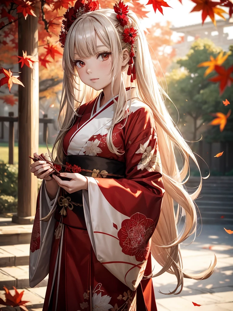 ( master piece),a girl in a red kimono holding a cluster amaryllis in ...