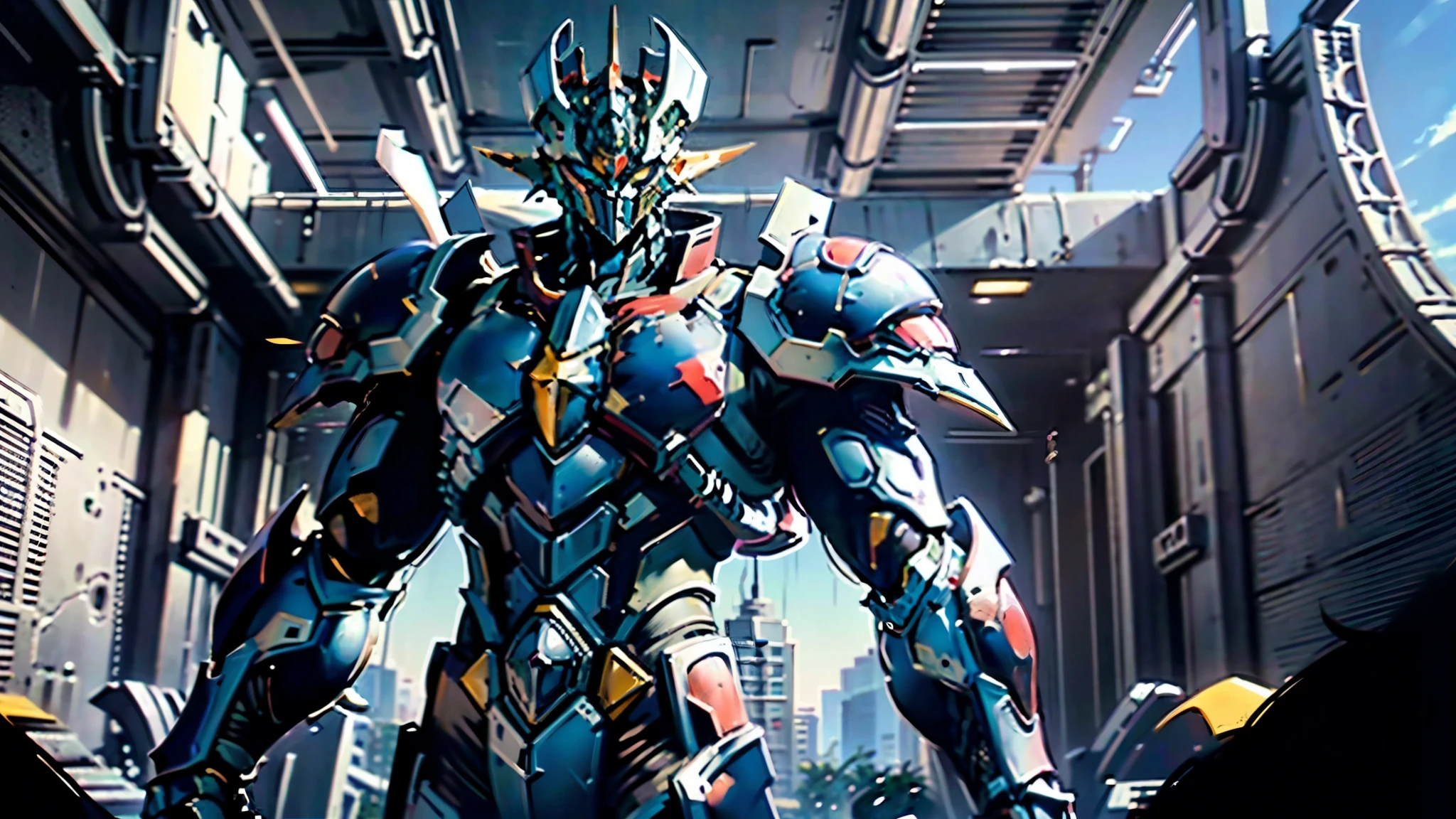 Arafed robot standing in a building with a city in the background ...