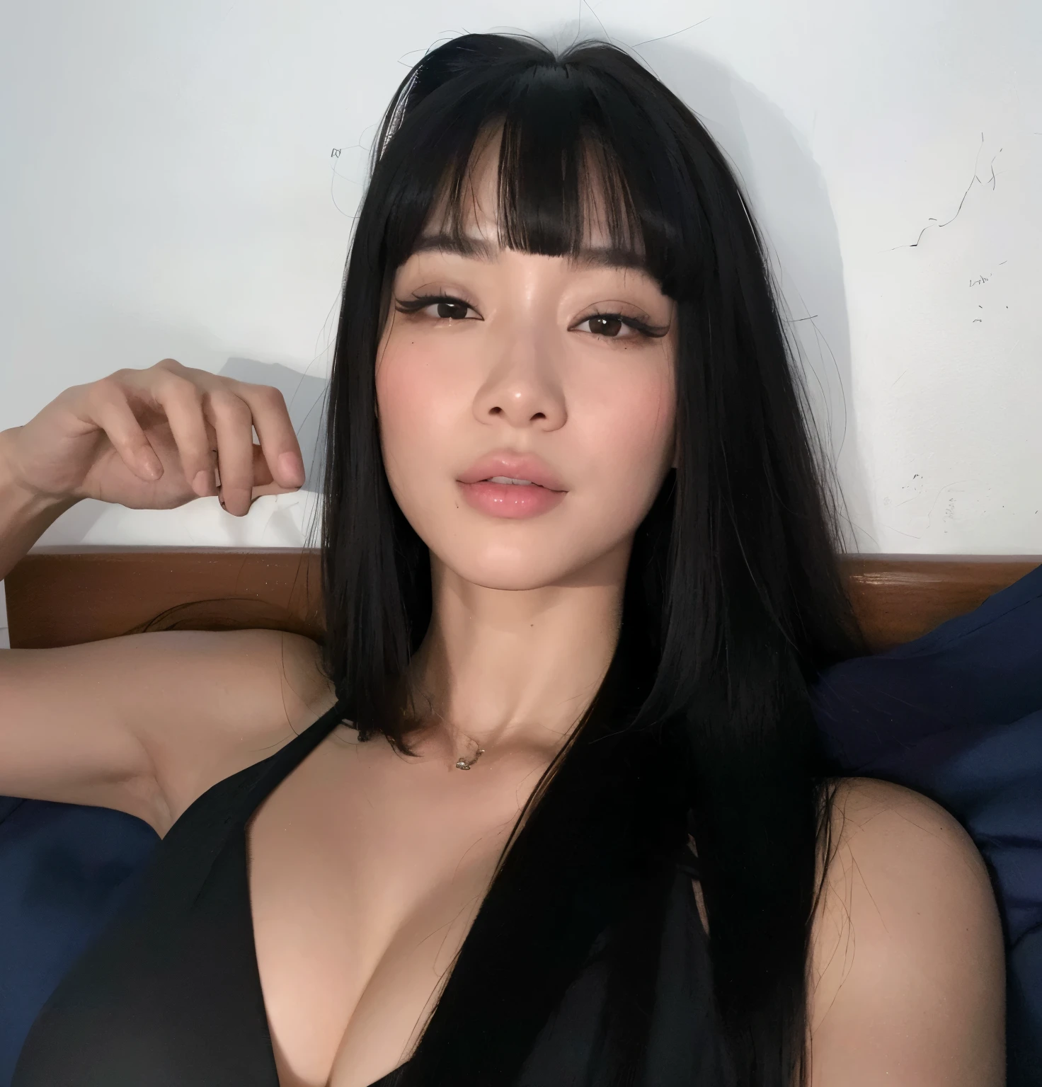 A close up of a woman in a black dress laying on a bed - SeaArt AI