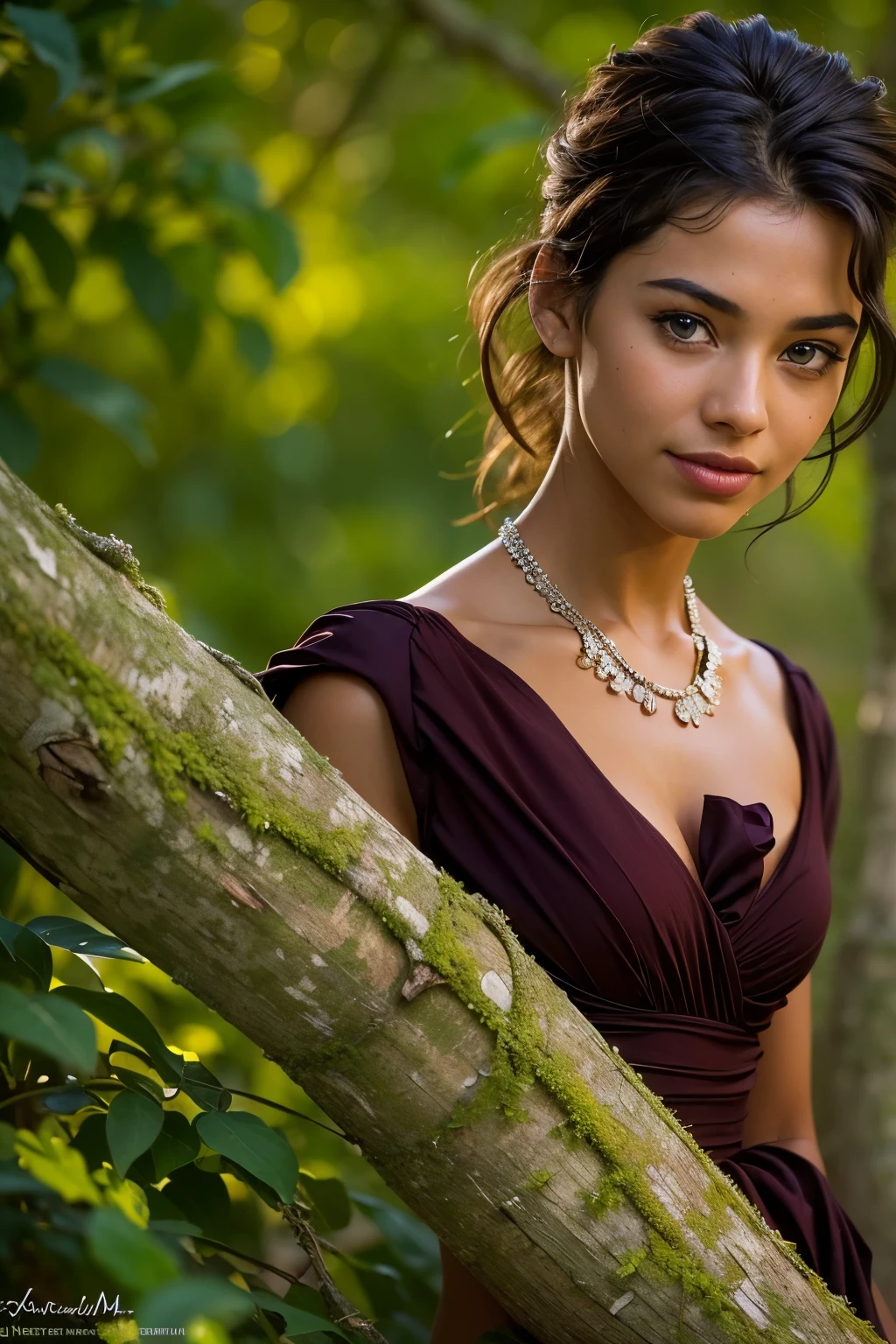 Arafed woman in a dress standing in a tree with a necklace on - SeaArt AI