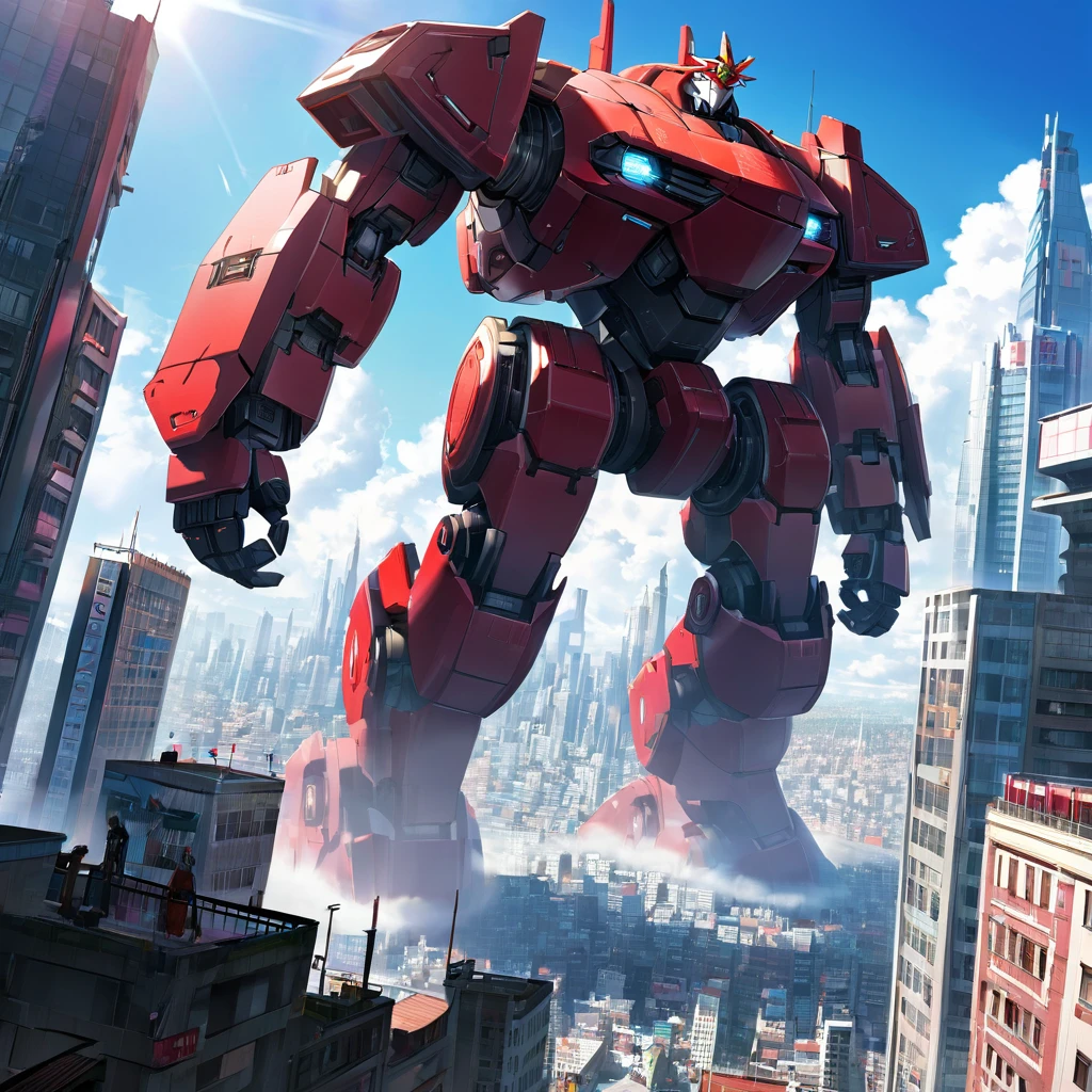 Gigantic mecha looming over cyberpunk city on sunny day. Colossal scale ...
