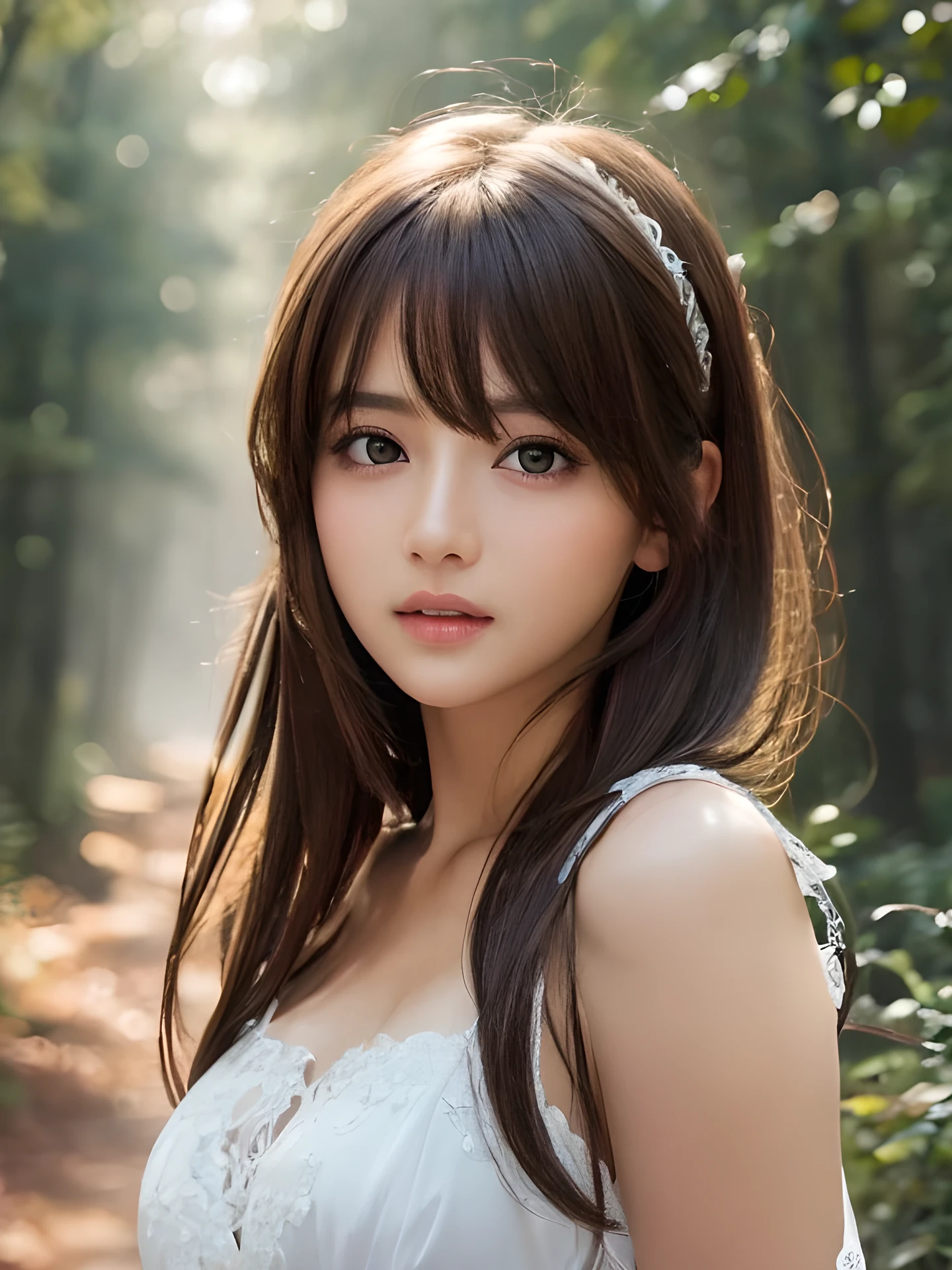 A woman in a white dress standing in a forest - SeaArt AI