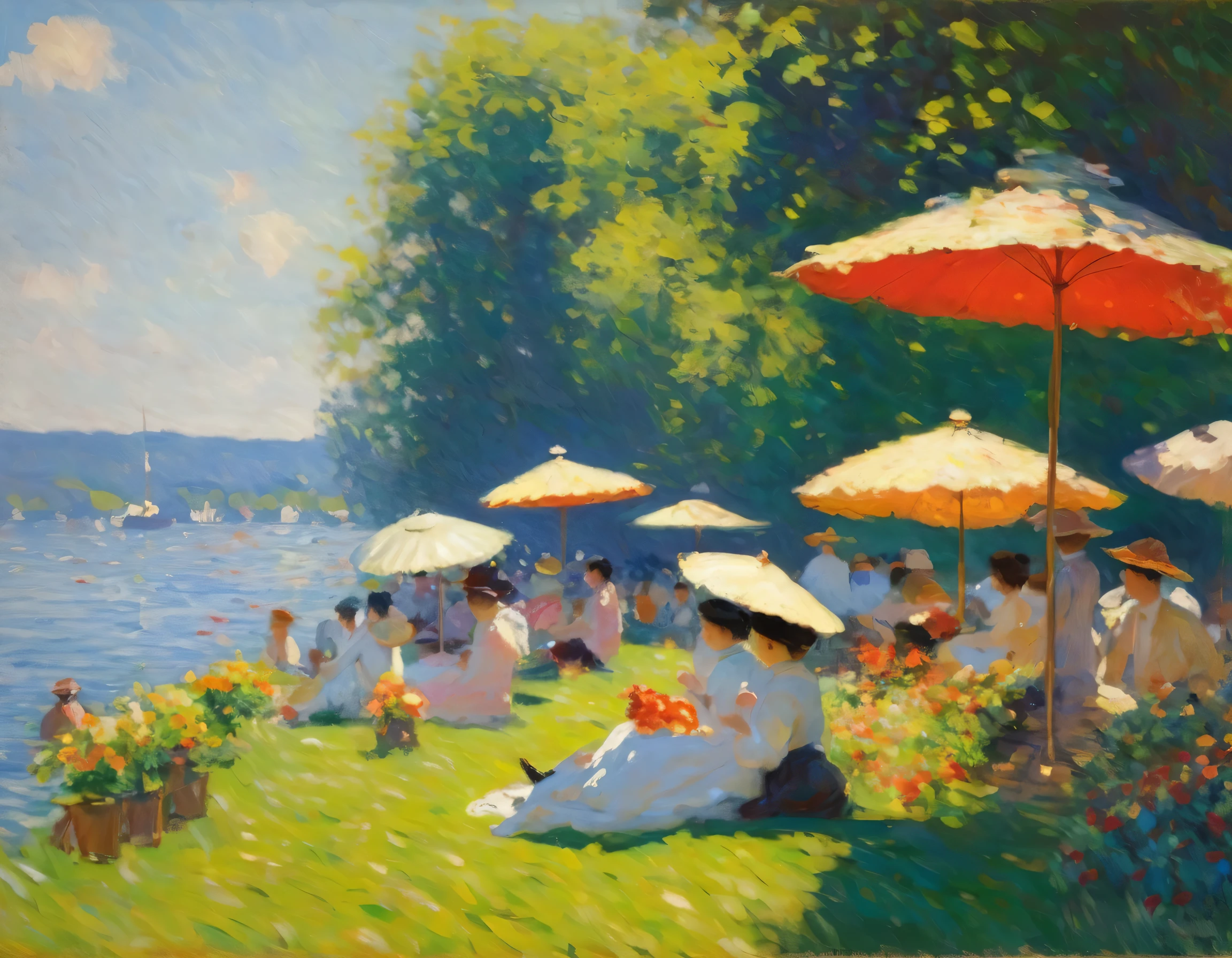 Painting of a group of people sitting on a lawn by the water - SeaArt AI