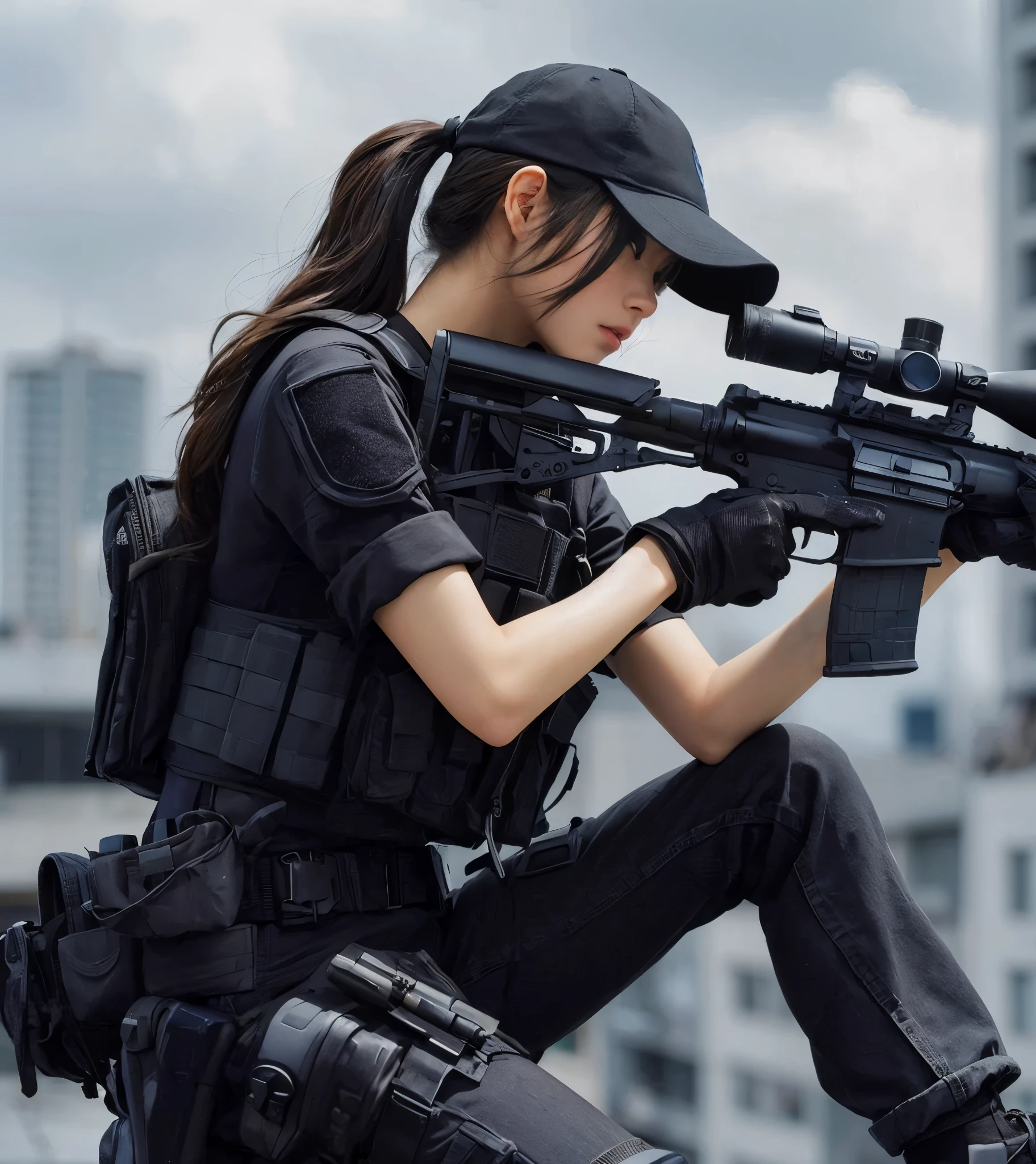 A woman in a black uniform holding a rifle and kneeling on a ledge ...