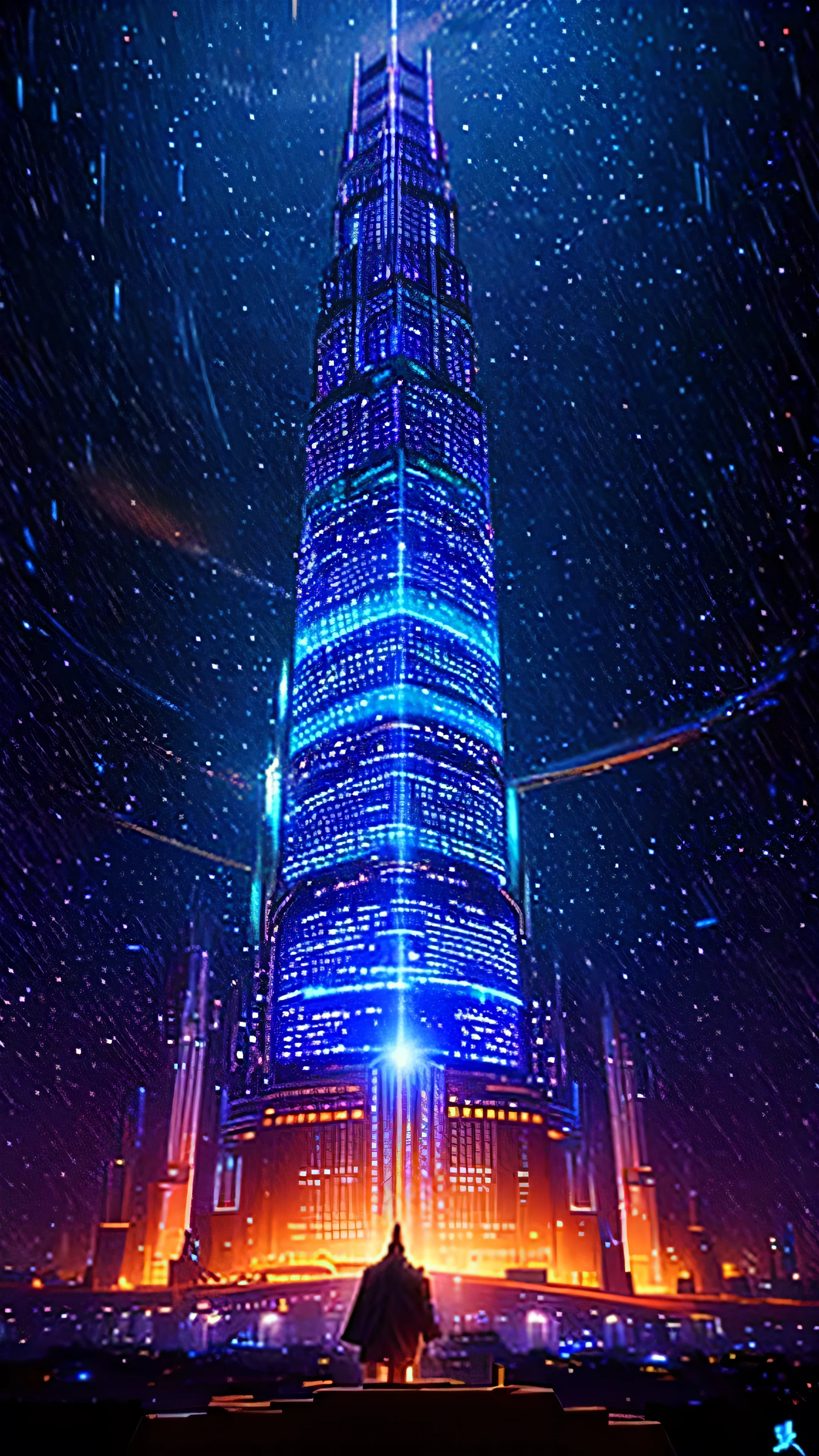 A person standing in front of a tall building with a star filled sky ...