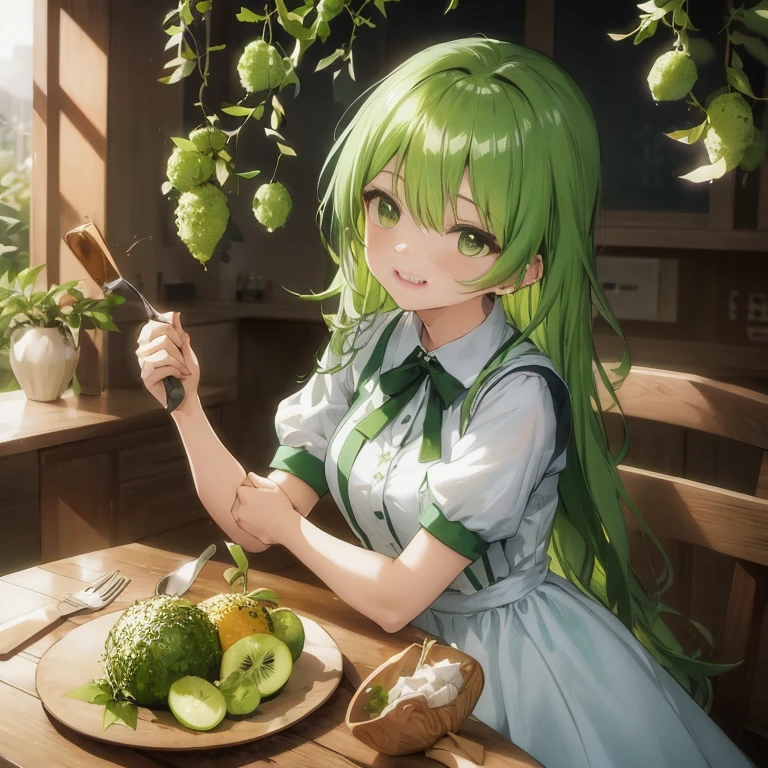 Green haired anime girl eating fruit in restaurant, Anime visuals of ...