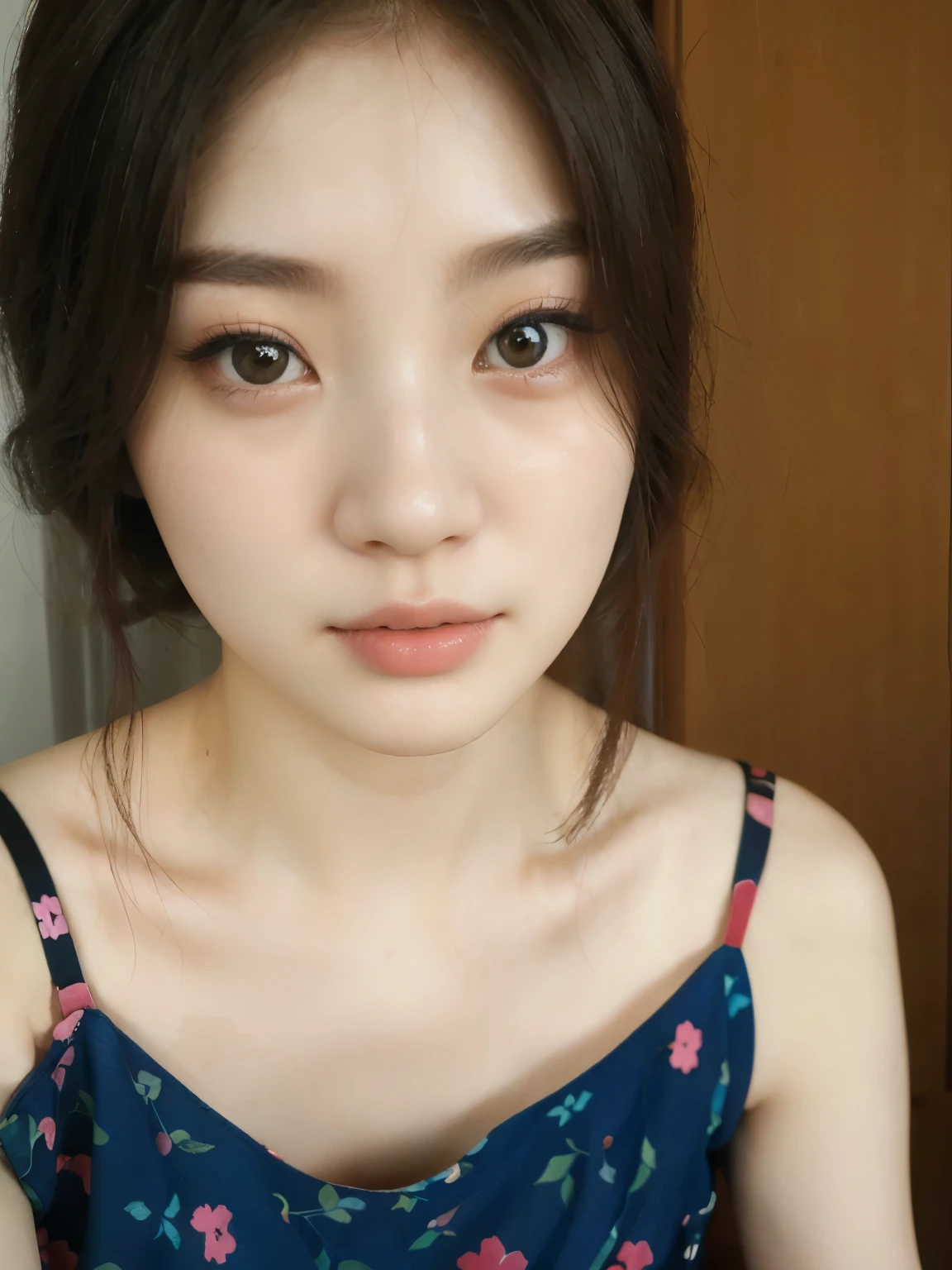 There is a woman with a blue dress and a pink flowered top - SeaArt AI