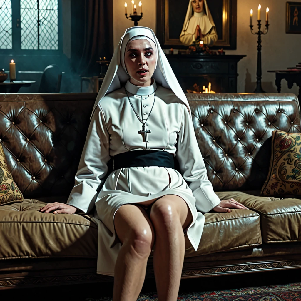A nude nun, lying on the sofa, looks very enjoyable, horror style - SeaArt AI