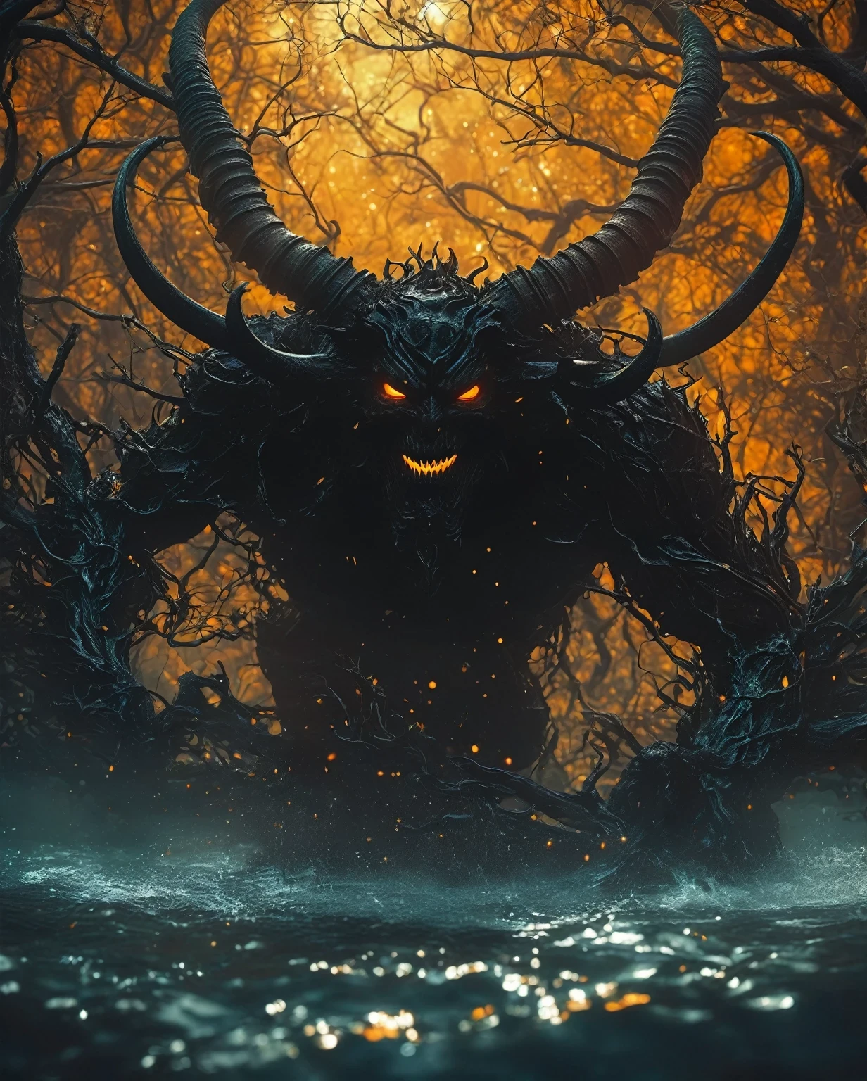 A close up of a demon with horns in a forest - SeaArt AI