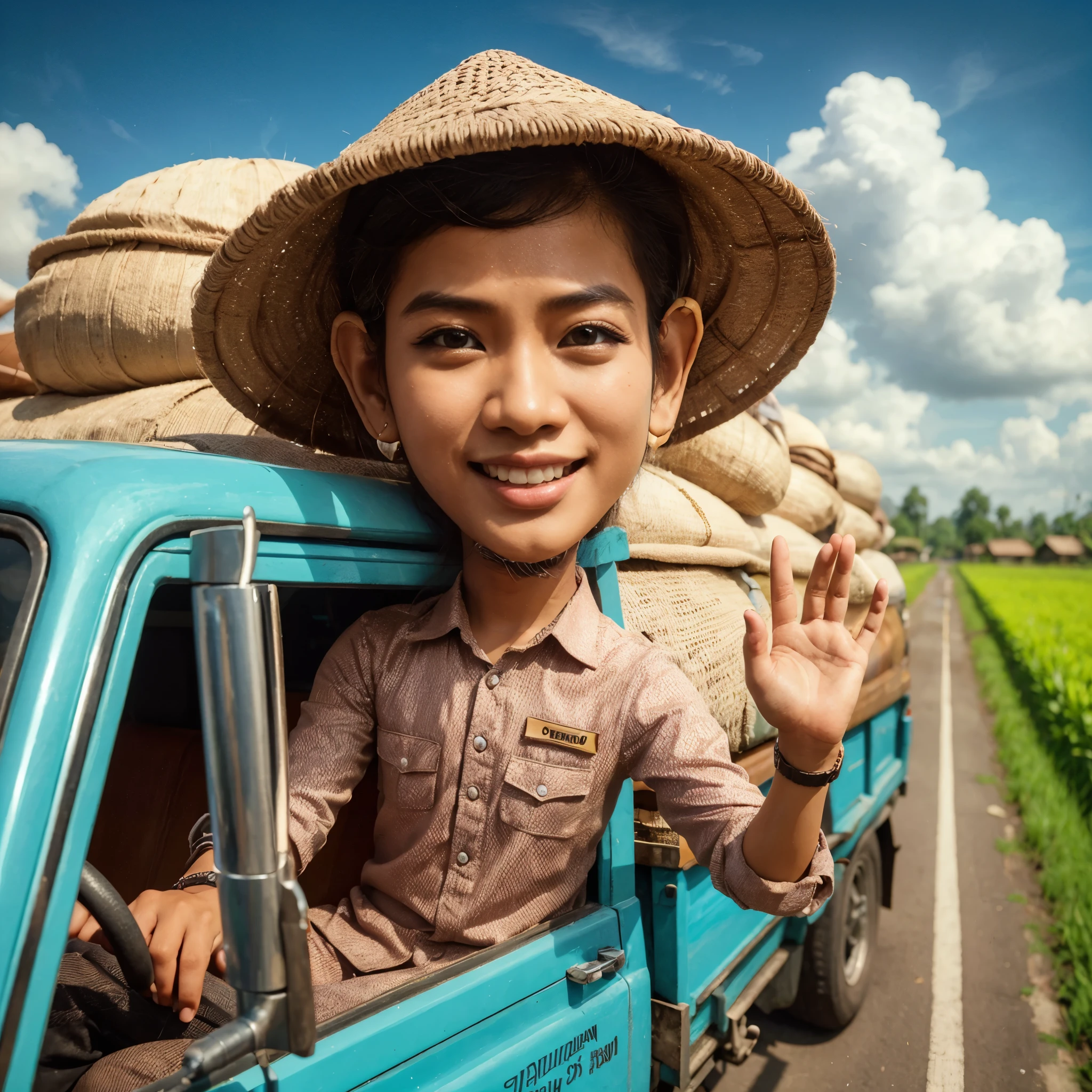 Arafed boy in a hat waving out the window of a truck - SeaArt AI
