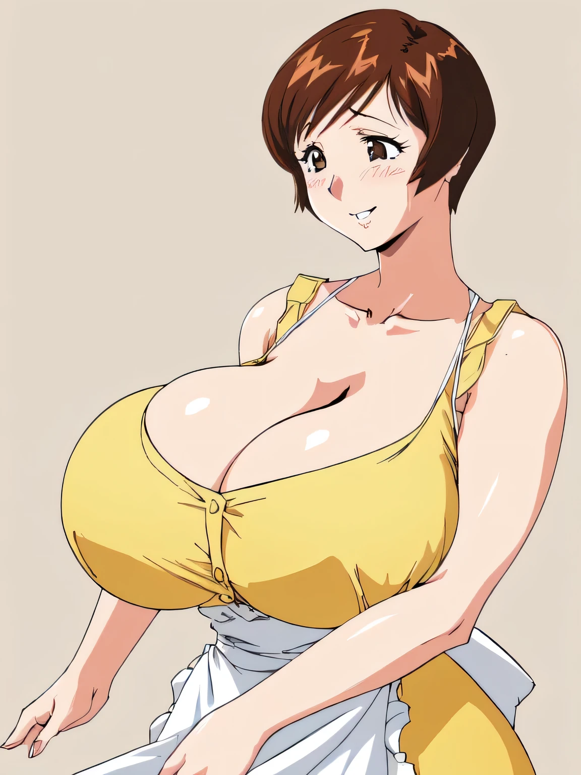 A cartoon image of a woman in a yellow dress with a white apron - SeaArt AI