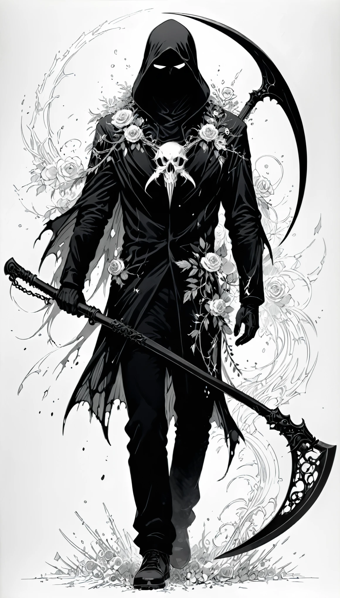 A black and white drawing of a man with a scythe - SeaArt AI