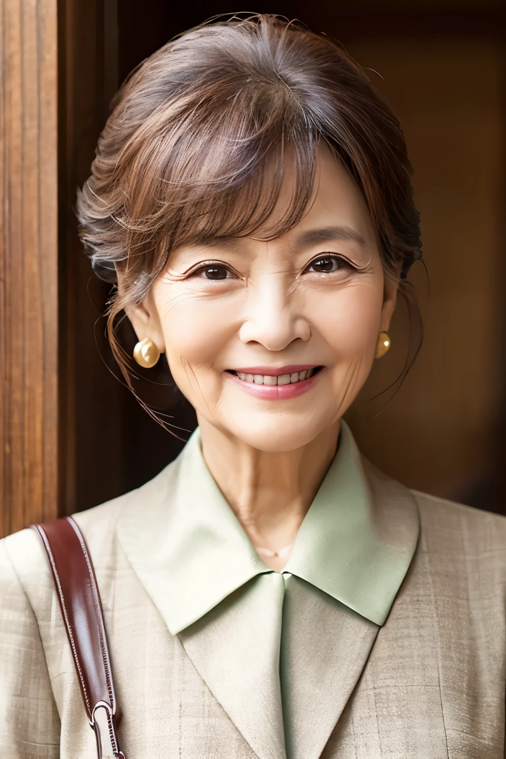 A close up of a woman with a purse smiling at the camera - SeaArt AI